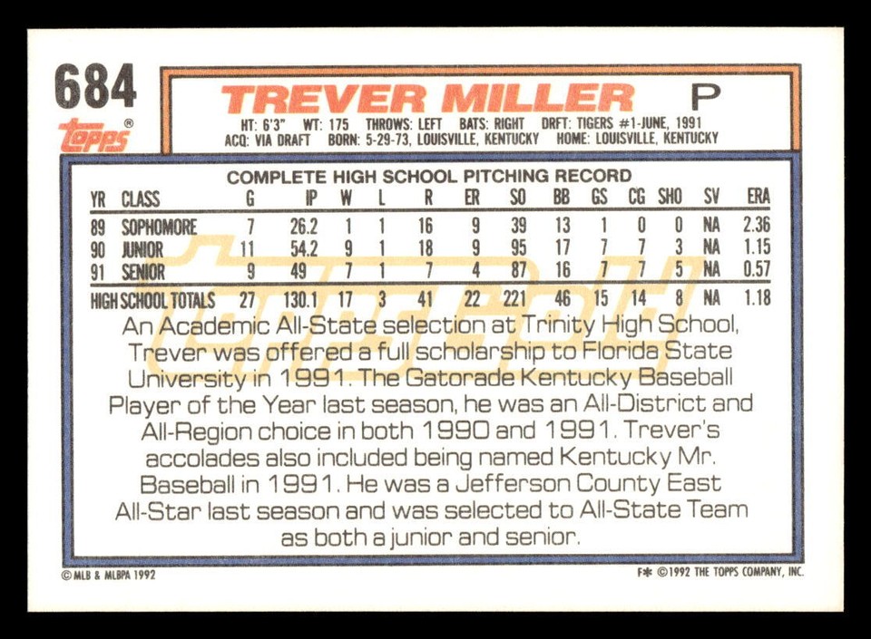 1992 Topps #684 Trever Miller Gold Winners | eBay