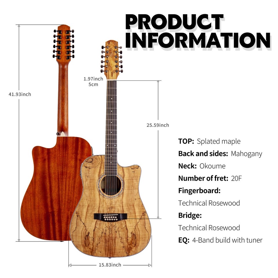 string buzz 12 Strings Acoustic Electric Cutaway Guitar Spalted maple ...