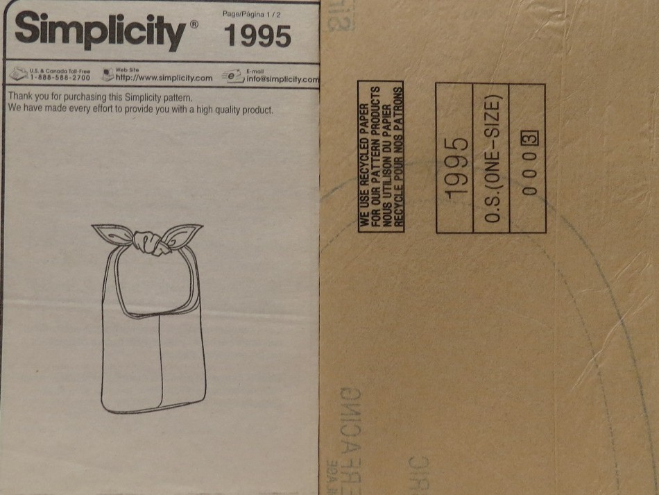 Simplicity 1995 Tied handle tote bag pattern, 8.5" high x 13" wide, uncut | eBay