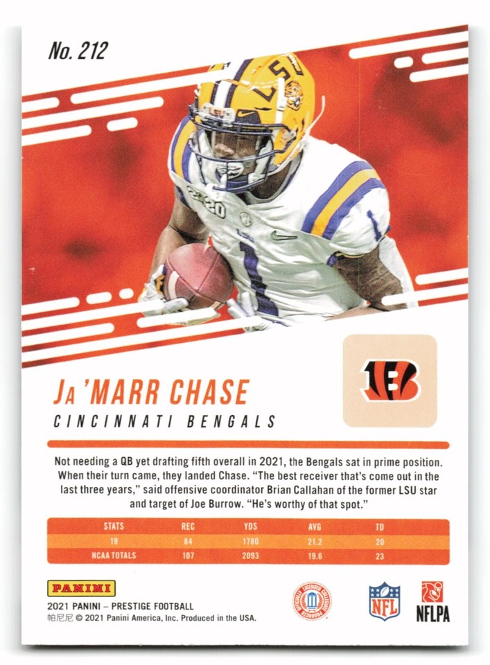 2021 Panini Prestige #212 JA'MARR CHASE Rookie RC Cincinnati Bengals ...