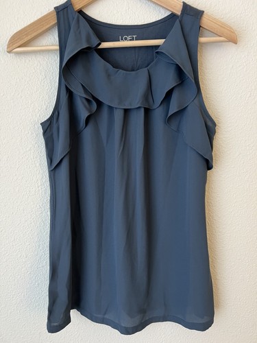Ann Taylor Loft Gray Blue Ruffle Neck Tank Shell NWT | eBay