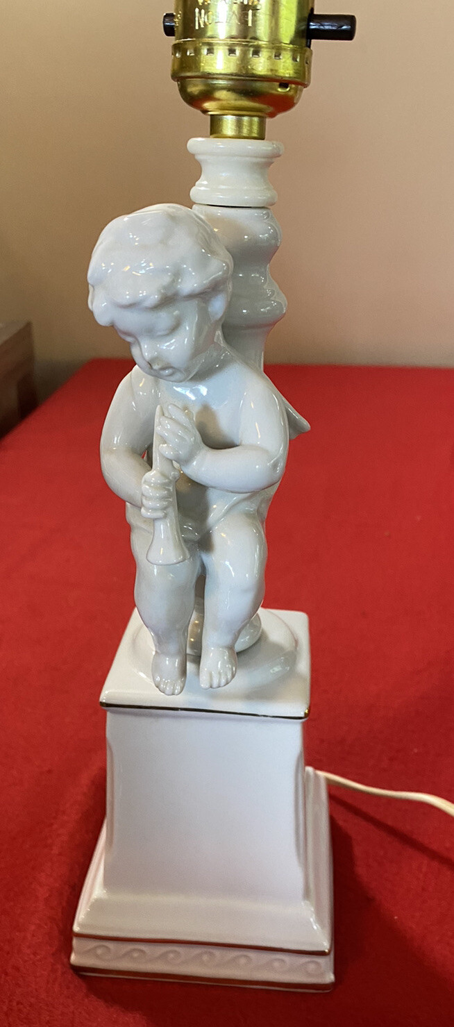CHERUB Table Vanity Boudoir Lamp. Vintage WHITE Porcelain Gold Trim ...