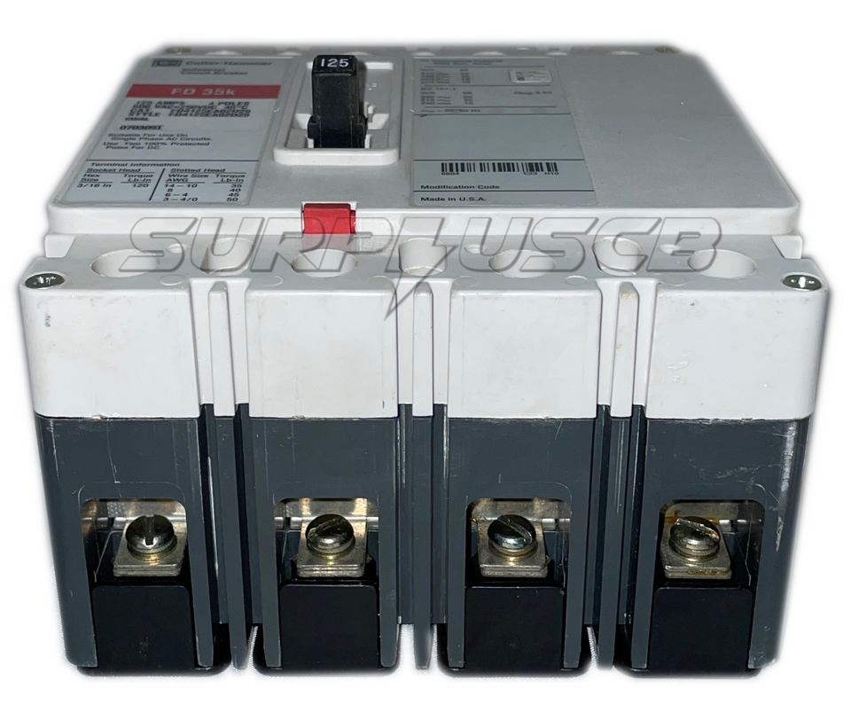 Eaton FD4125EA02D29 Circuit Breaker, 4-Pole, 125 Amp, 600Vac / 250Vdc ...