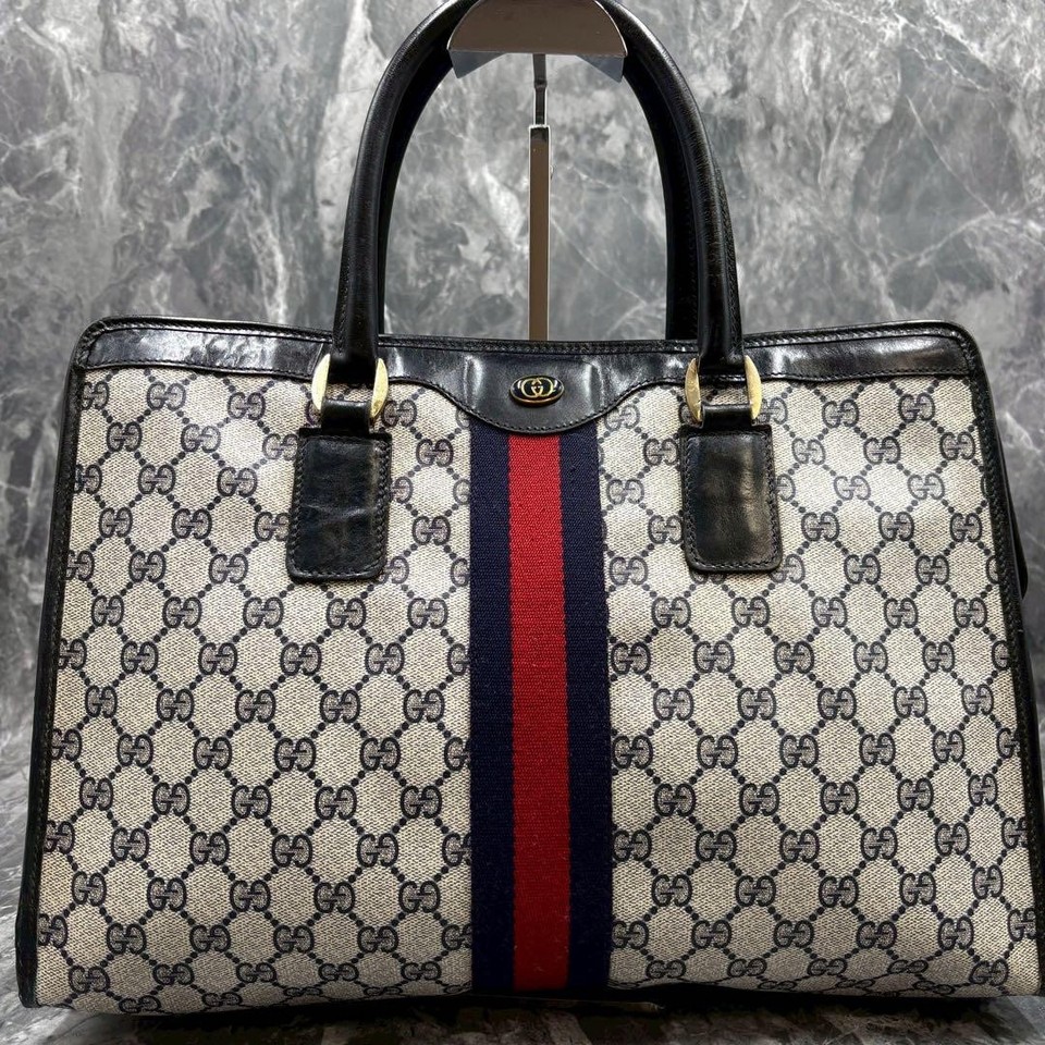 GUCCI 002.4083.39 Sherry Line GG Tote Bag Navy Gold Hardware Logo from ...