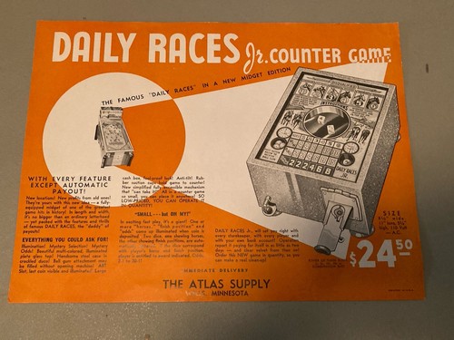 Vintage DAILY RACES JR Counter Game Advertisement Atlas Supply Wells MN ...