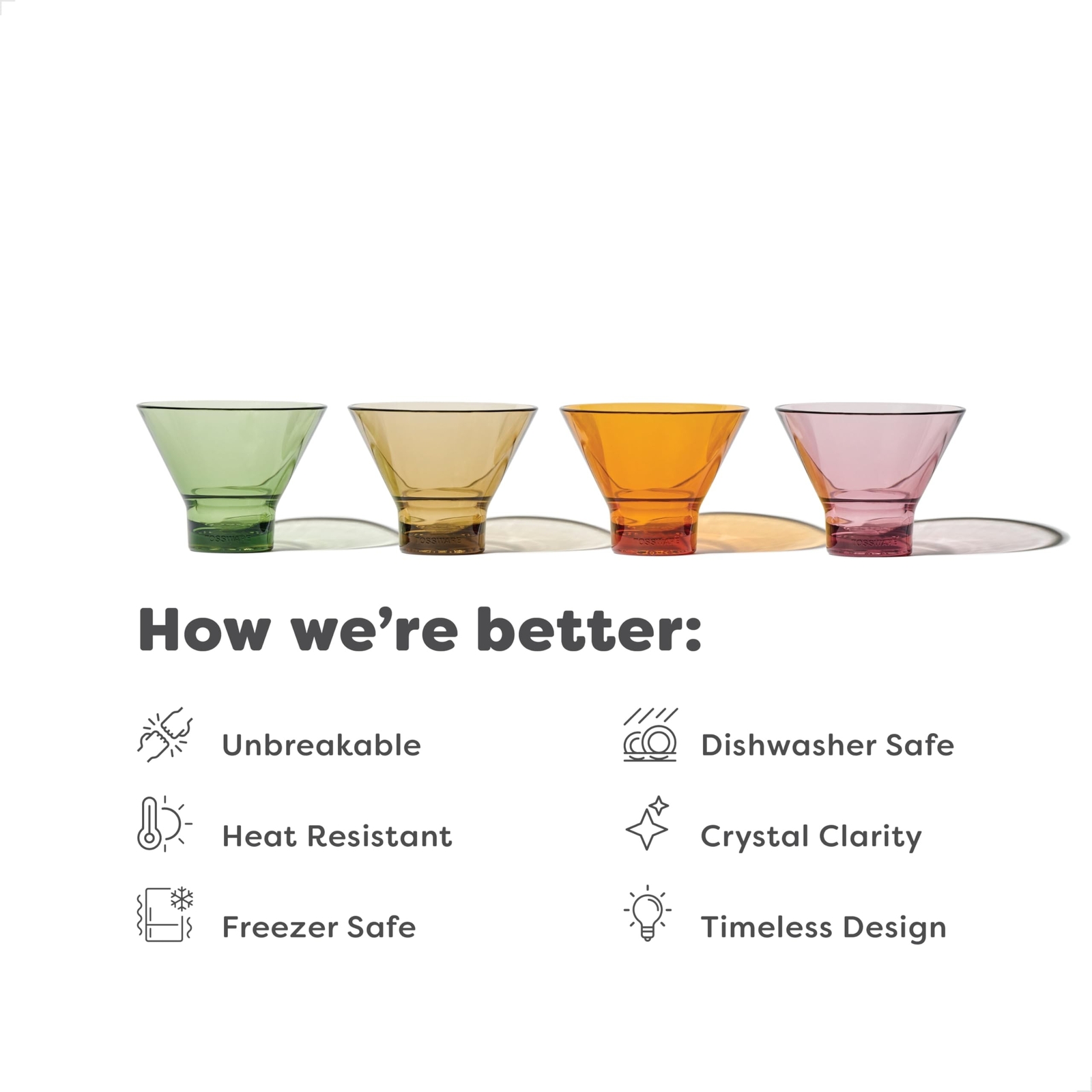 TOSSWARE RESERVE 8oz Stemless Martini - Color Series SET OF 4, Premium ...