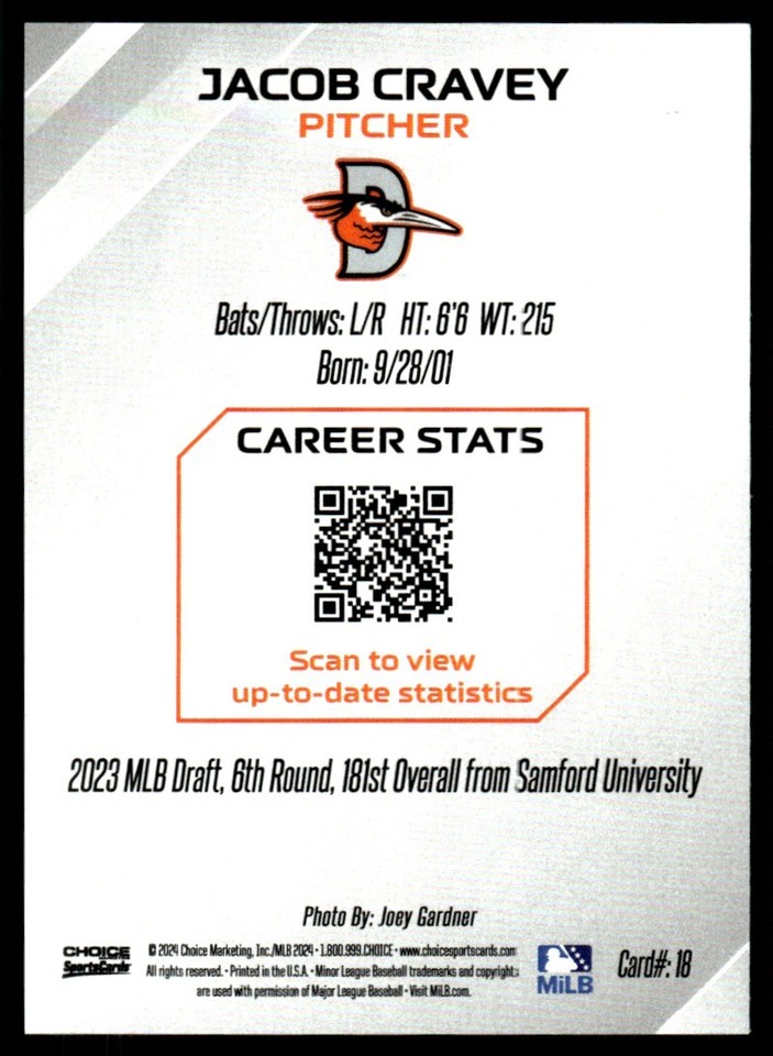 2024 Jacob Cravey MiLB Rookie Minor League Card Delmarva Shorebirds | eBay