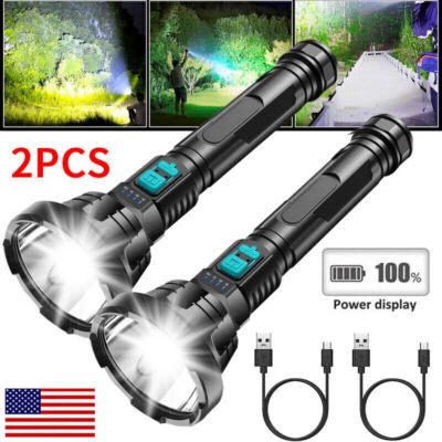 2PCS LED Flashlight Super Bright Tactical Police Torch USB Rechargeable ...