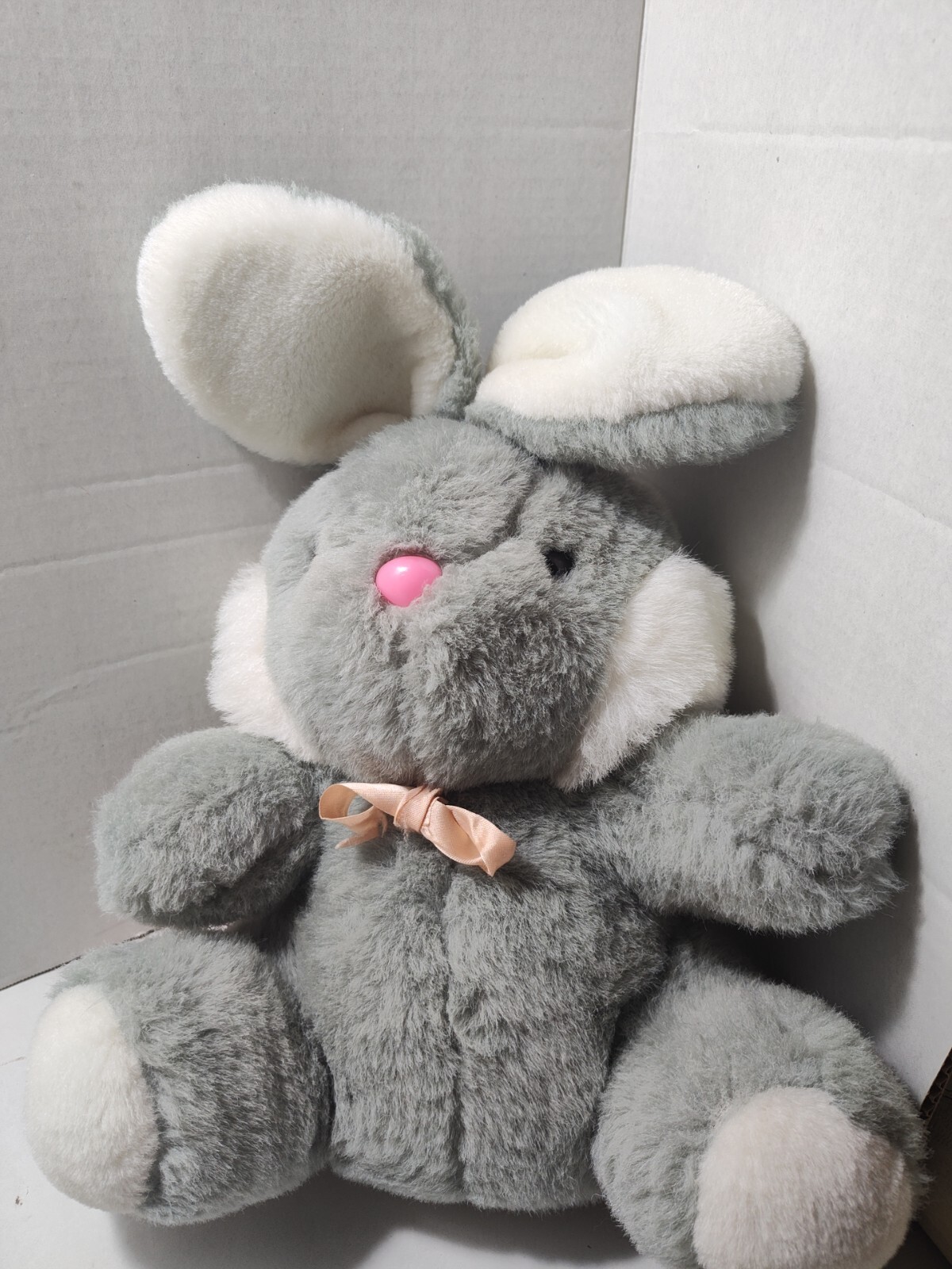 15” VINTAGE GREY & WHITE BUNNY RABBIT W/ Pink BOW STUFFED ANIMAL PLUSH ...