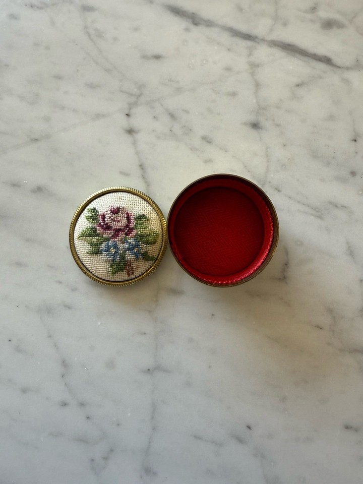 Vintage Old Micro Stitch Roses Pill Box Trinket Box with Lid Floral ...