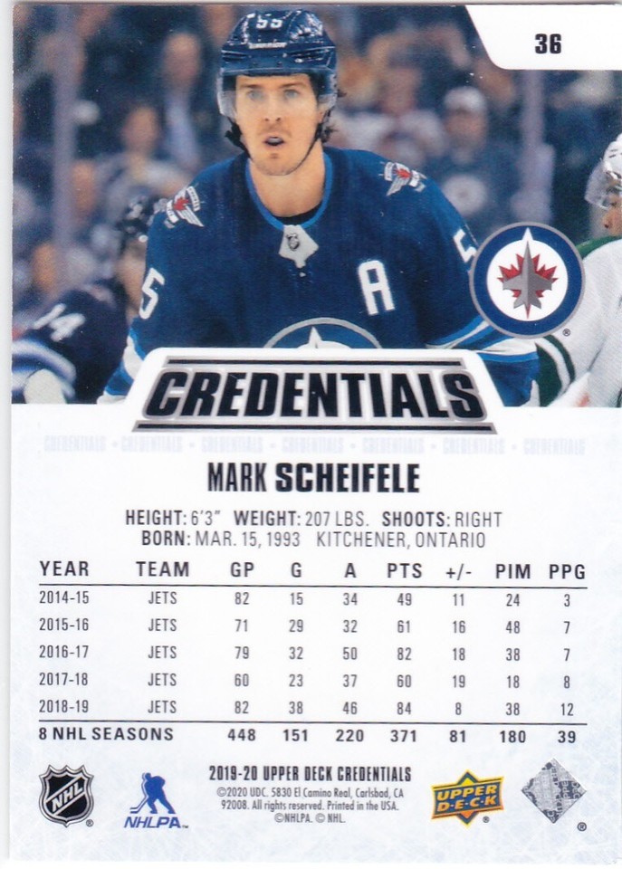 19/20 CREDENTIALS..MARK SCHEIFELE..RED../199..# 36..JETS..FREE COMBINED ...