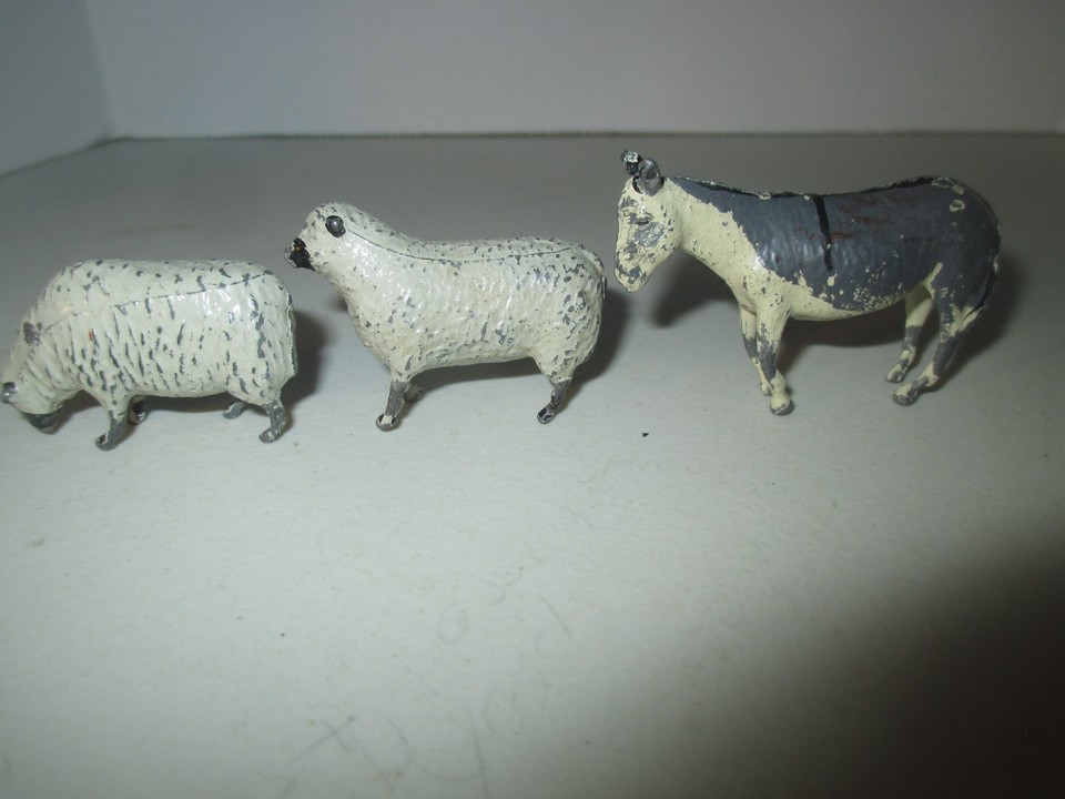 3 Vintage Cast Metal Lead Farm Animals 2 Sheep Donkey Britains Made In ...