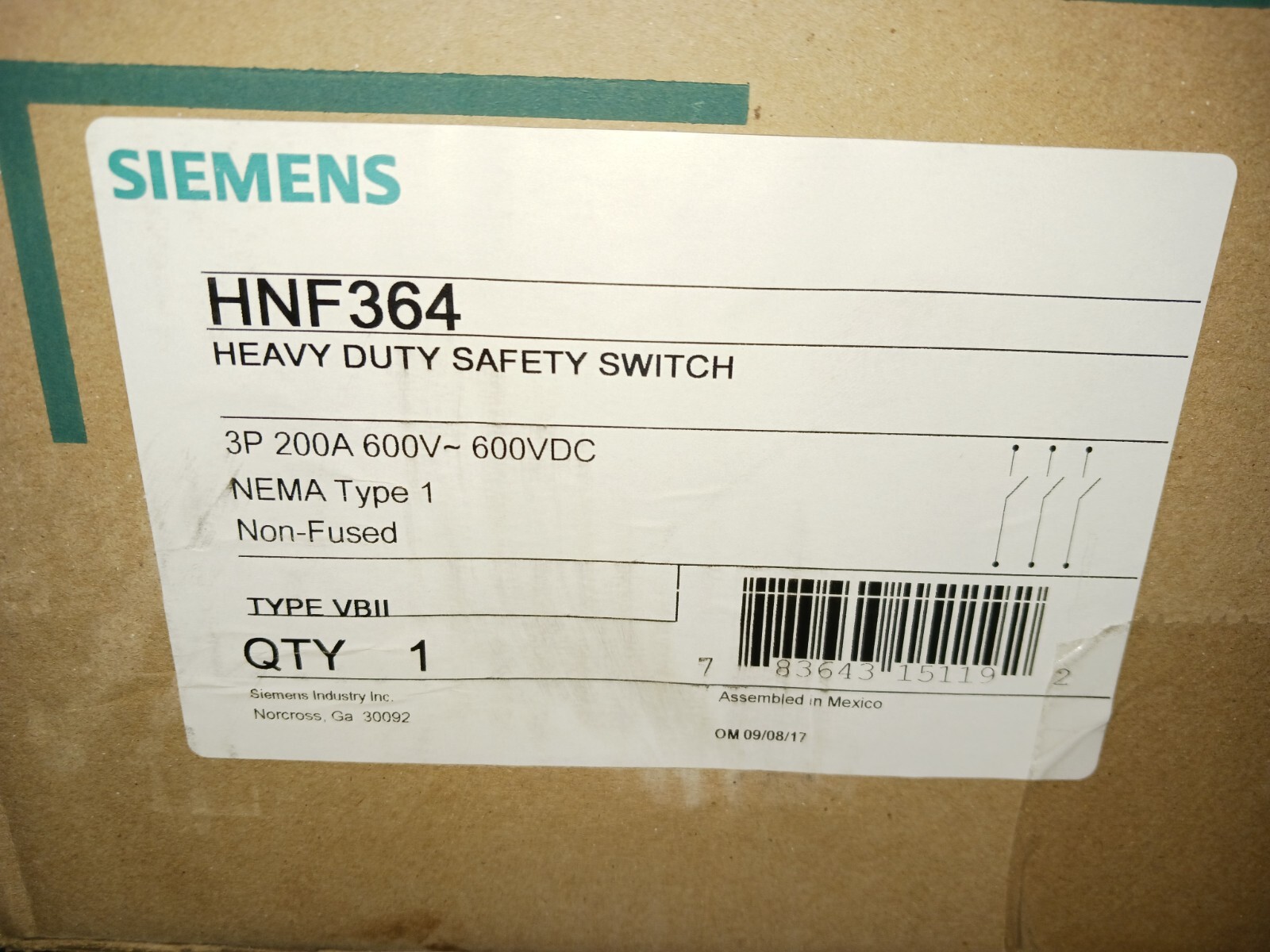 Siemens HNF364 200A 600VAC Low Voltage Circuit Protection - Gray for ...