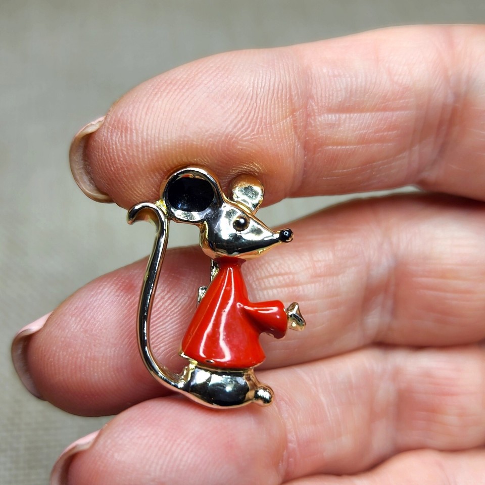 Vintage 1960s 3 Mice Pin Set Brooches Mouse Red Sweaters Gold Tone ...