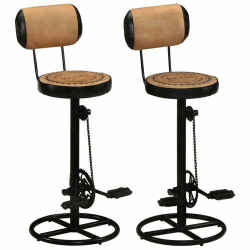 Bar Stools with Canvas Print 2 pcs Brown and Black Real Goat Leather ...