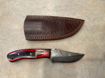 Large Damascus knife w/nice laminate wood handle & leather sheath hand ...