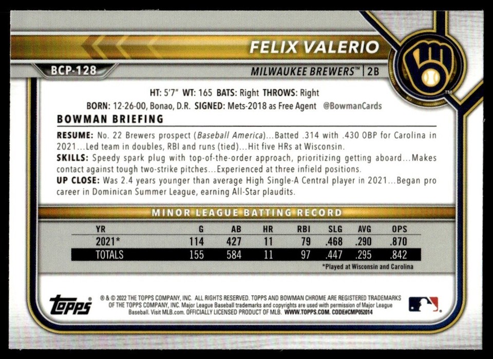 2022 Bowman Chrome Mega Mojo Felix Valerio G10 Milwaukee Brewers #BCP ...