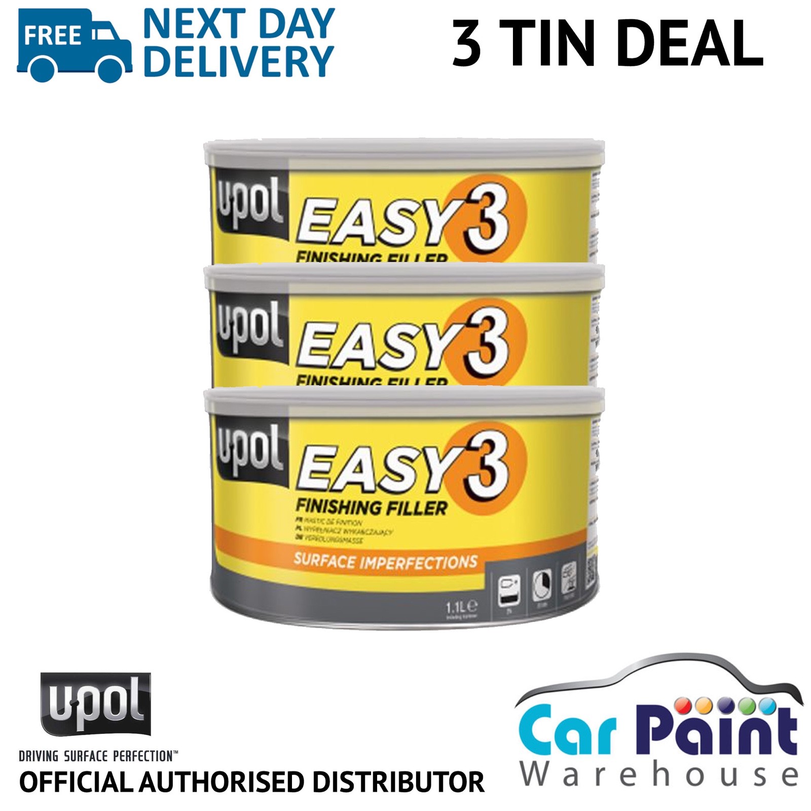 3 x U-pol EASY 3 - Formerly Top Stop Gold Easy Sand Stopper Filler 1.1L ...