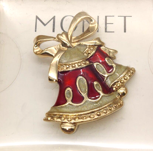 VTG NOS Monet Christmas Brooch Pin Double Bell Elegant Enamel Gold Tone ...