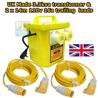 3.3 KVA 110v transformer 16a twin sockets with 2 x 14M extension leads ...