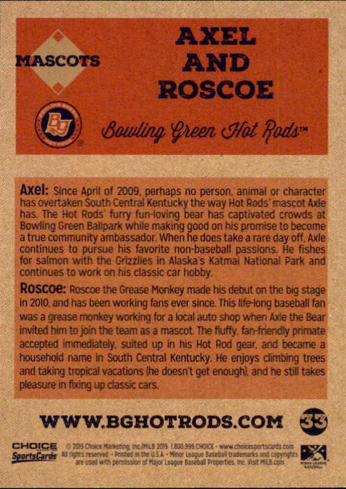 2019 Bowling Green Hot Rods Choice 33 Axel MASCOT Roscoe MASCOT NM ...