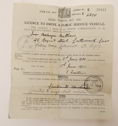 1930's Commercial Bus License Public Vehicle Permit England Lutterworth ...