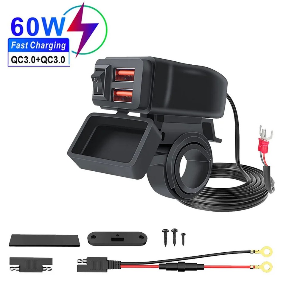 Dual Waterproof USB Port Motorbike Motorcycle Charger Socket Black ...