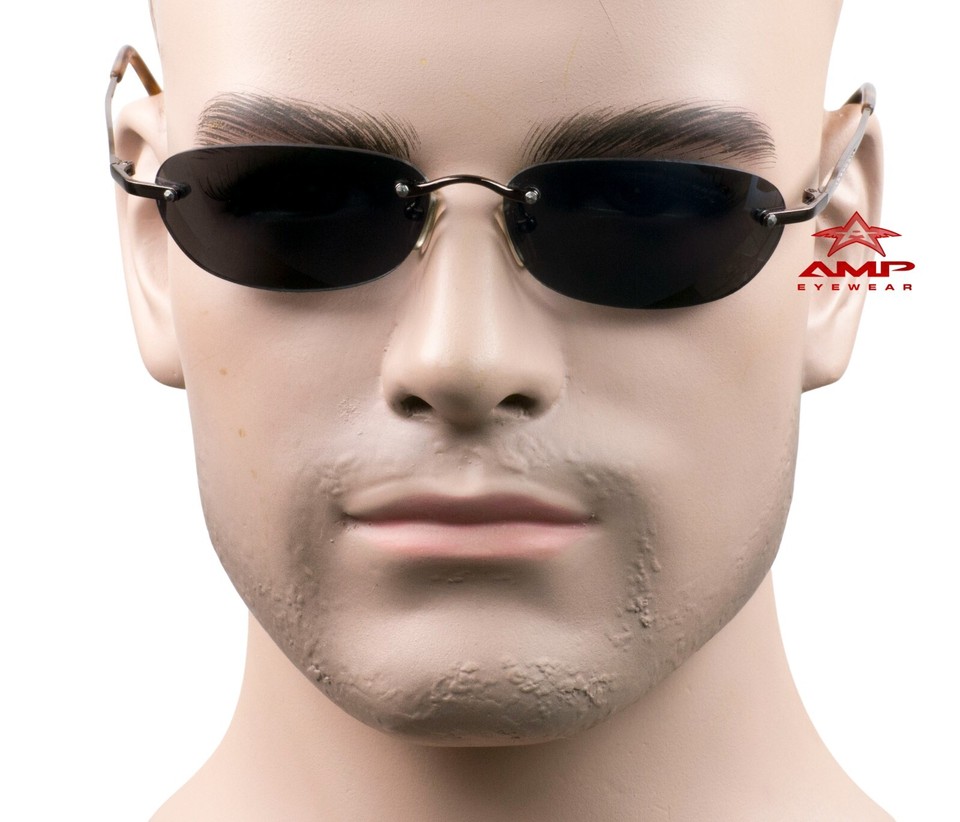 Small Rimless Oval Neo Matrix Style Sunglasses Metal Super Dark Mirror ...