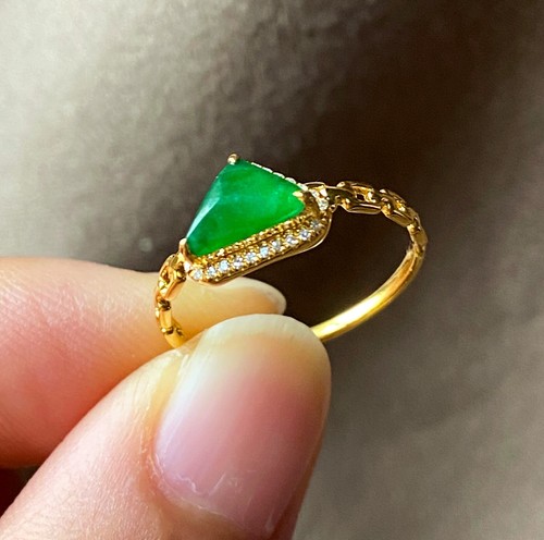 Certified Grade A Burma Jade Jadeite Icy Green Cabochon Ring 18K Gold ...