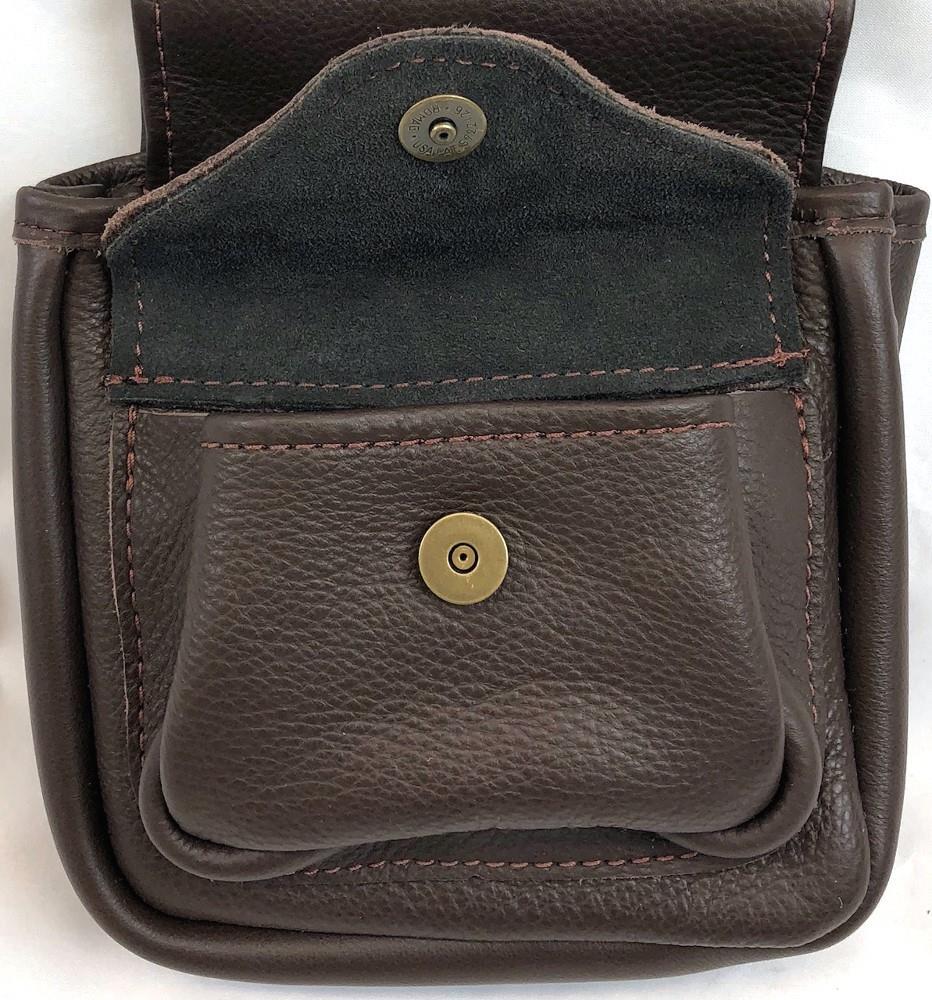 LEATHER SHOTGUN SHELL POUCH Skeet Trap Sporting Clays BROWN 12ga Brass ...