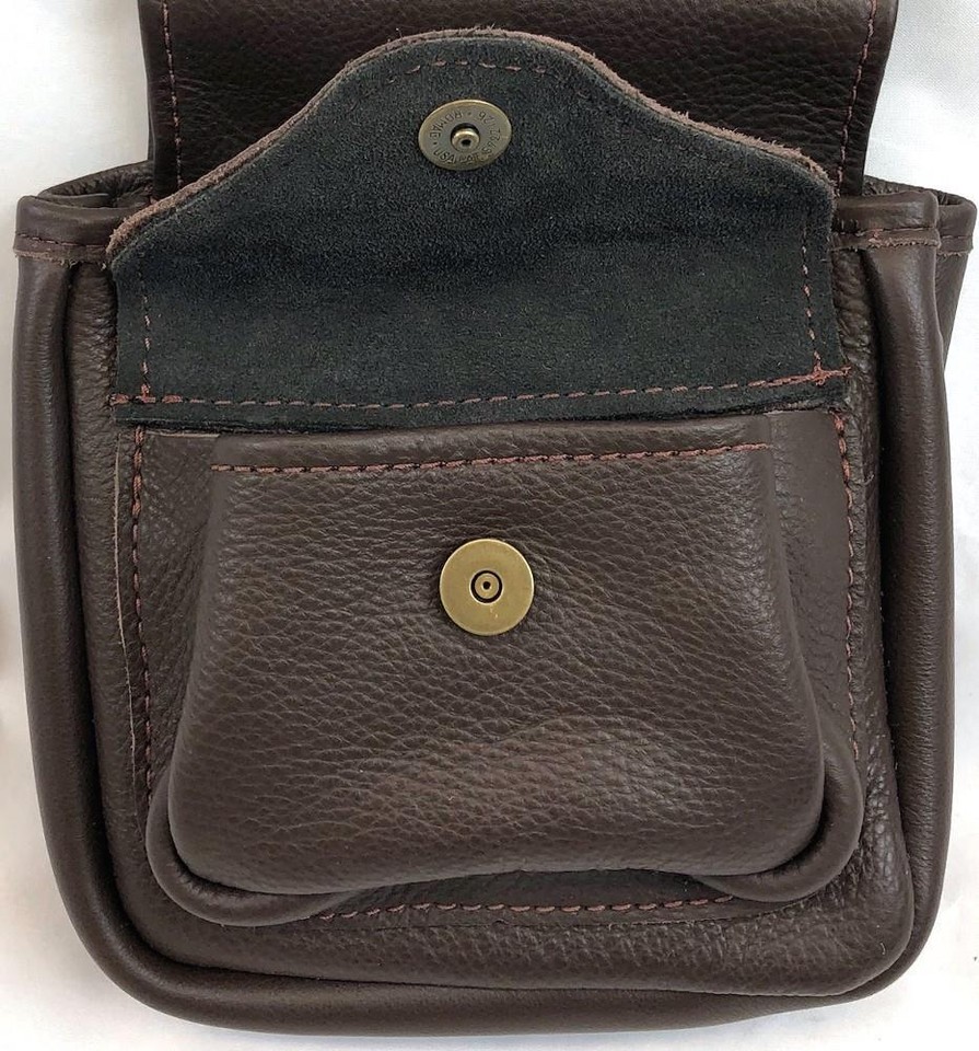 LEATHER SHOTGUN SHELL POUCH Skeet Trap Sporting Clays BROWN 12ga Brass ...