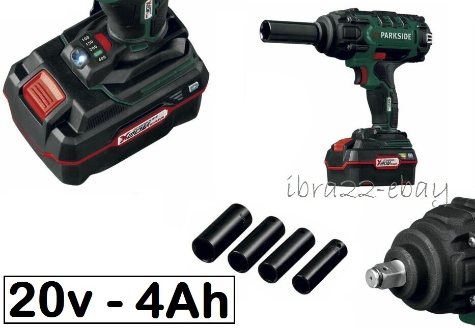 Parkside 20V 4Ah Cordless 1/2" 400Nm Impact Wrench Kit Socket set ...