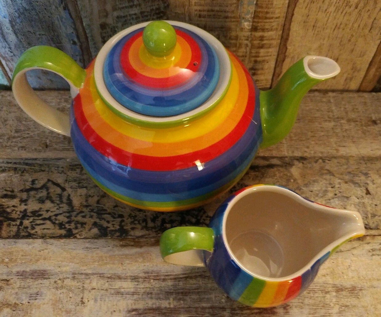 RAINBOW STRIPE LARGE TEAPOT WITH MILK JUG CERAMIC FAIR TRADE HAND ...