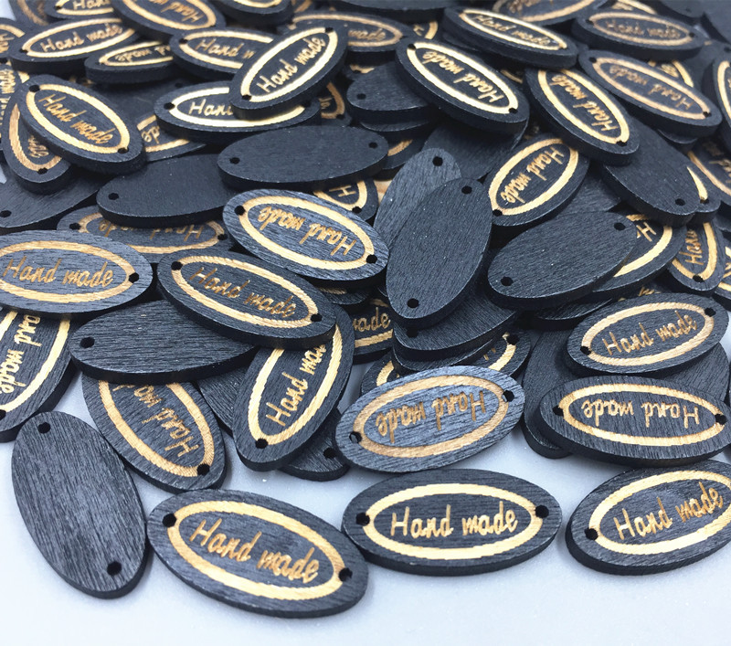 200X schwarz Ovale Holz KNOPF / Knöpfe “HAND MADE” Nähen LABEL SCHILD ...