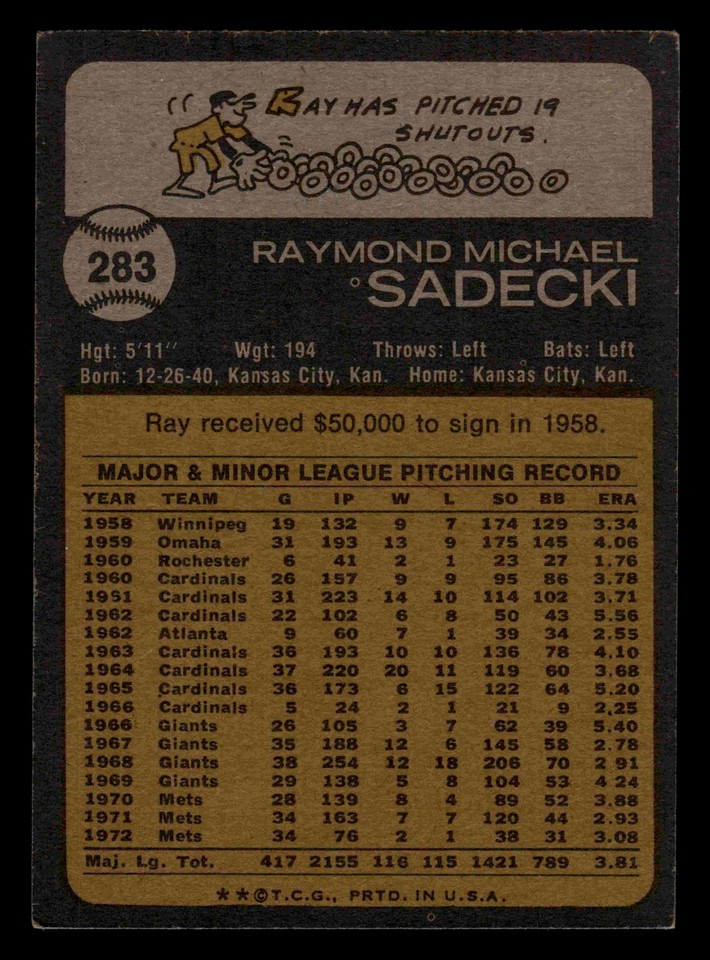 1973 Topps Ray Sadecki #283 - New York Mets | eBay