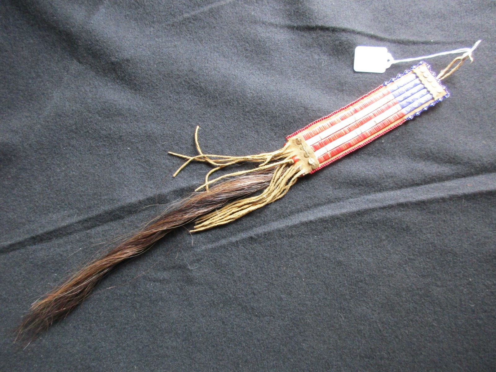 NATIVE AMERICAN QUILLED & BEADED DROP, FLAG MOTIFF TOMAHAWK DROP, SD ...