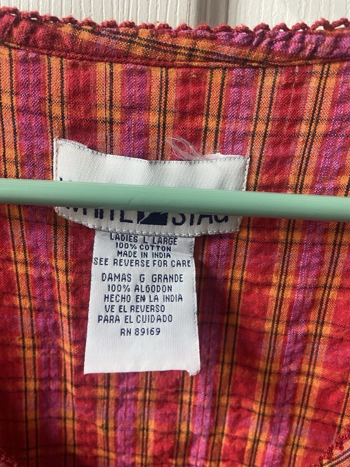 White Stag Shirt Dress Womens LG Red Seersucker Cotton Round Neck Short ...