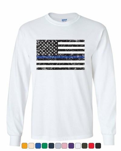 American Flag Thin Blue Line Long Sleeve T-Shirt Police USA Law ...