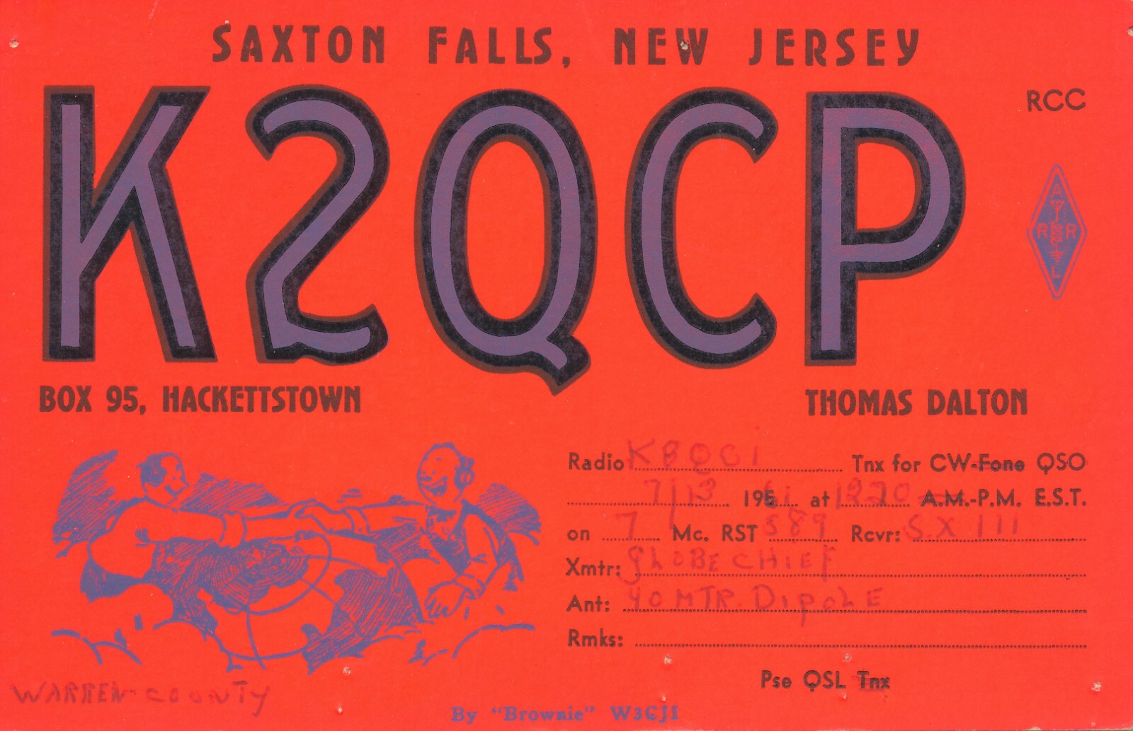 QSL CARD HAM RADIO K2QCP TOM THOMAS DALTON SAXTON FALLS, NEW JERSEY ...