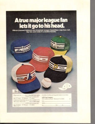 advertising print 1977 Fashion Men AJD Cap Company Superstripes MLB ...