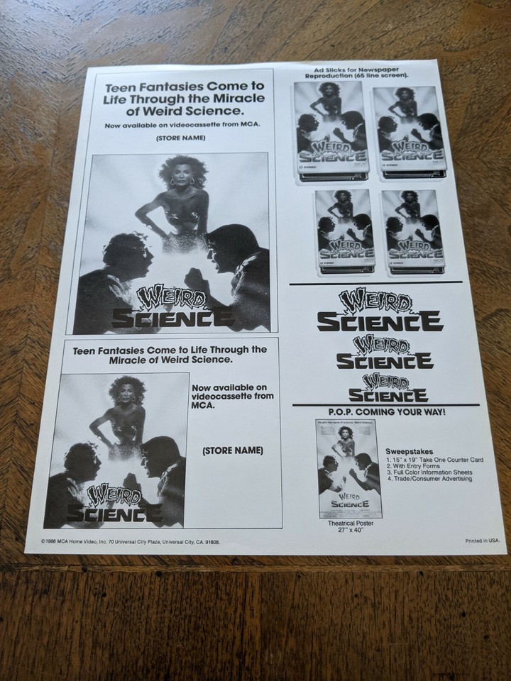 WEIRD SCIENCE VHS VIDEO PROMO AD SLICK 8X11 MCA HOME VIDEO 1986 RARE ...