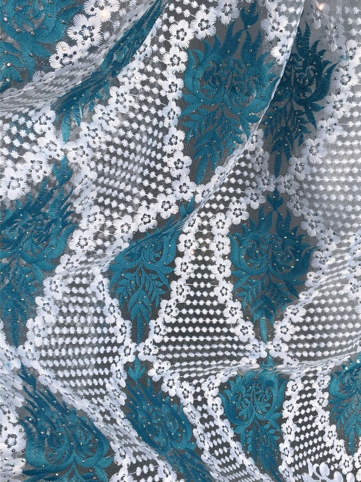 Beautiful Embroidered Teal Color Lace Fabric. Rhinestones Beaded Lace ...