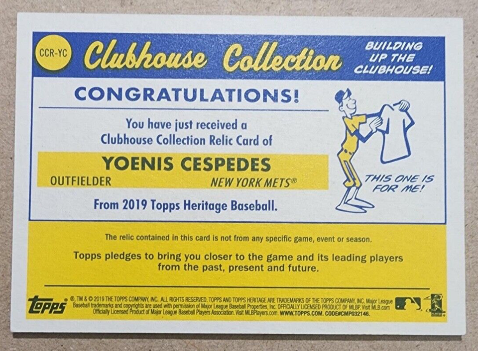 2019 Topps Heritage Clubhouse Collection Relic/Patch Yoenis Cespedes # ...