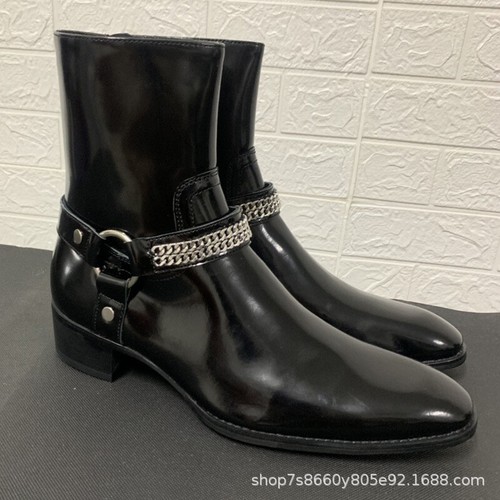 Runway British Mens Chains Pointed Toe Ankle Chelsea Boots Real Leather ...