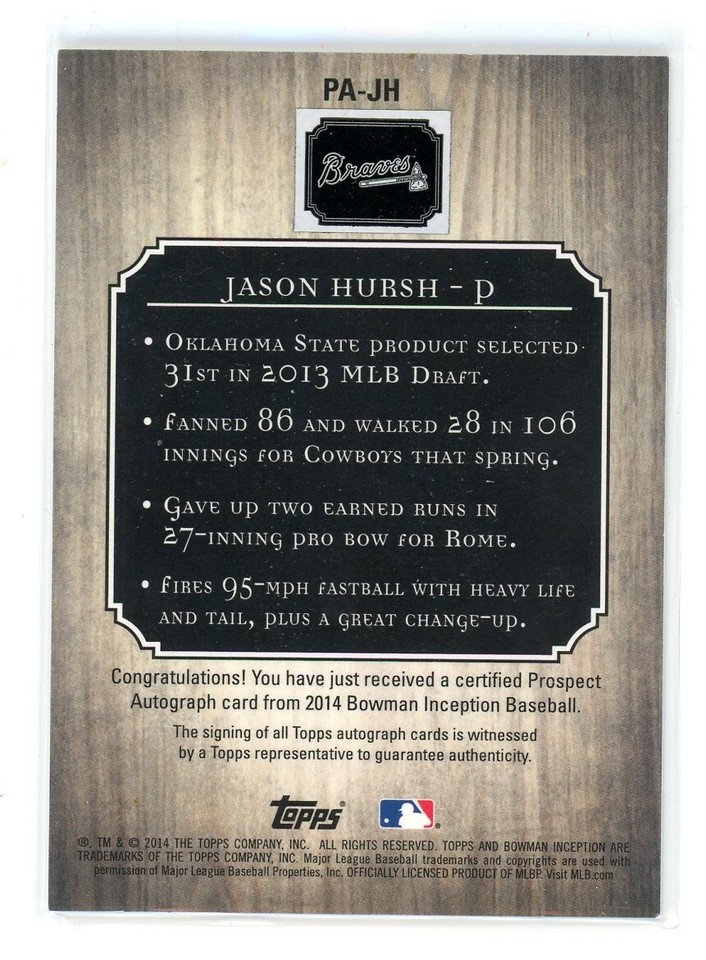 2014 Bowman Inception Jason Hursh Auto /75 Braves | eBay
