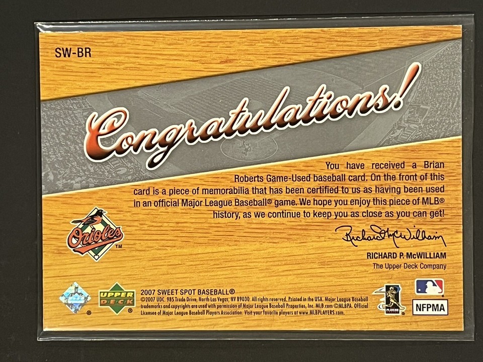 2007 Sweet Spot Sweet Swatch Memorabilia Orioles #SW-BR Brian Roberts ...
