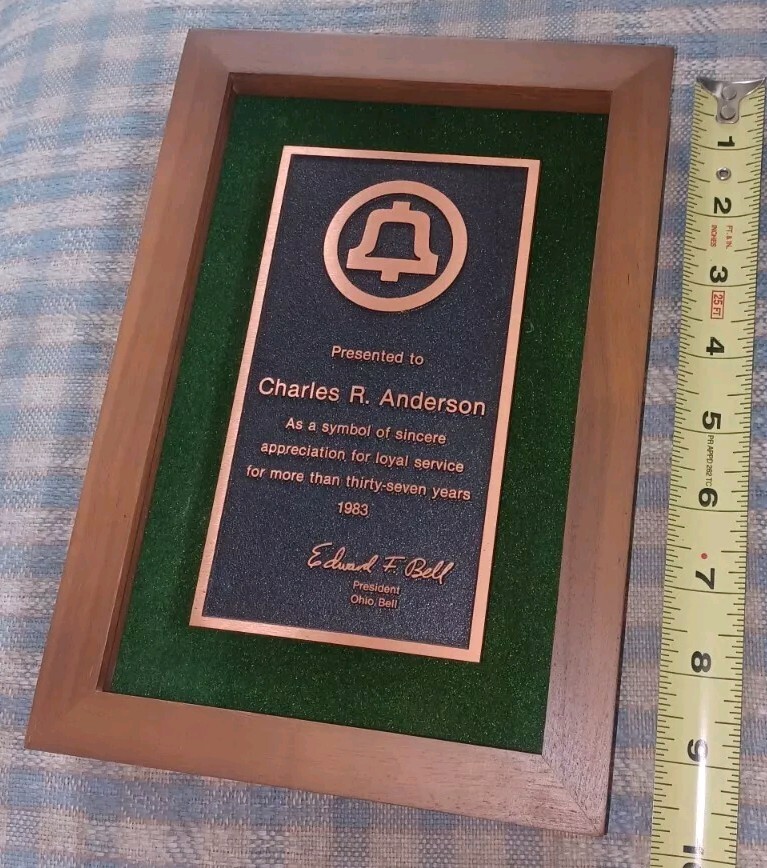 37 Years Service Ohio Bell Telephone Co. Plaque Sign BRASS/WOOD Retiree ...