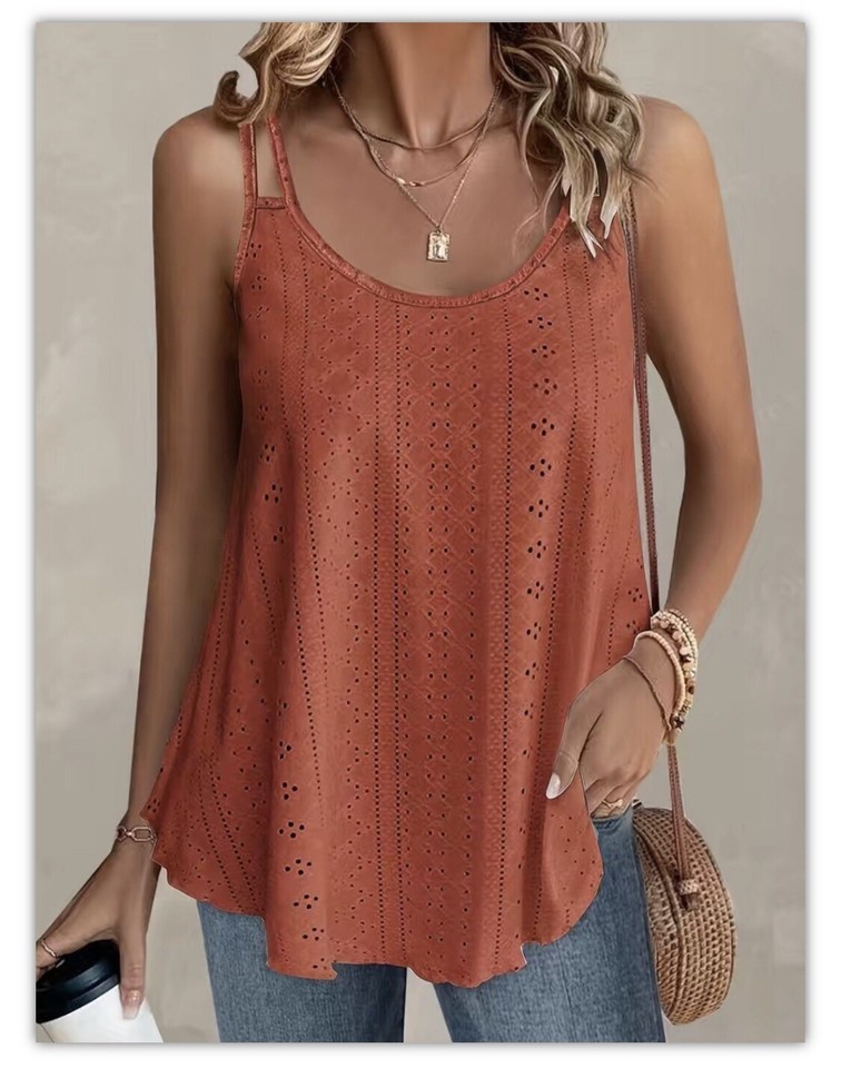NEW WOMEN'S TEMU EYELET STRAPPY SLEEVELESS TANK TOP RUSTY BROWN PLUS ...