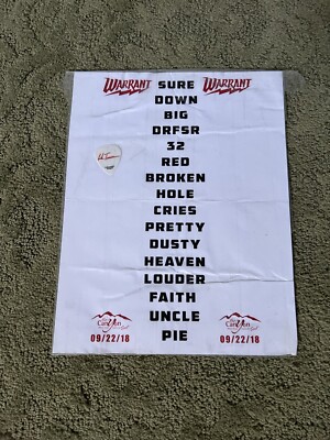 Warrant Rock Band Setlist 9/22/18 With Erik Turner Stage Used Guitar ...