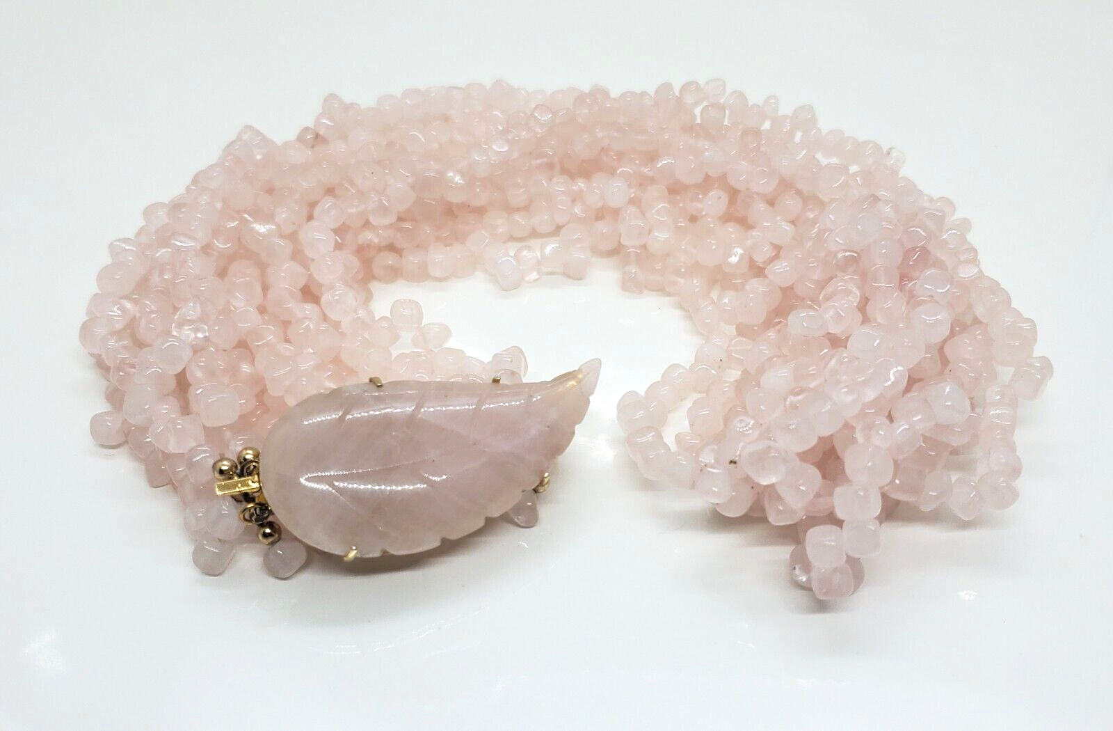 Multi Strand Pink Rose Quartz Necklace Gemstone Beaded Gold Tone 6 Row ...